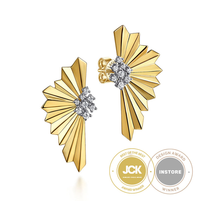 14K White & Yellow Gold Radiant Fan Diamond Cut and Cluster Diamond St ...