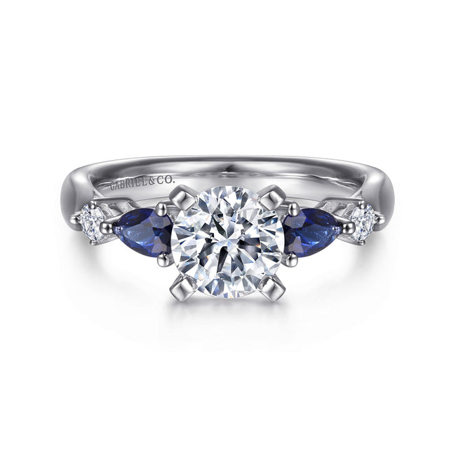 14K White Gold Round Five Stone Sapphire and Diamond Engagement Ring ...