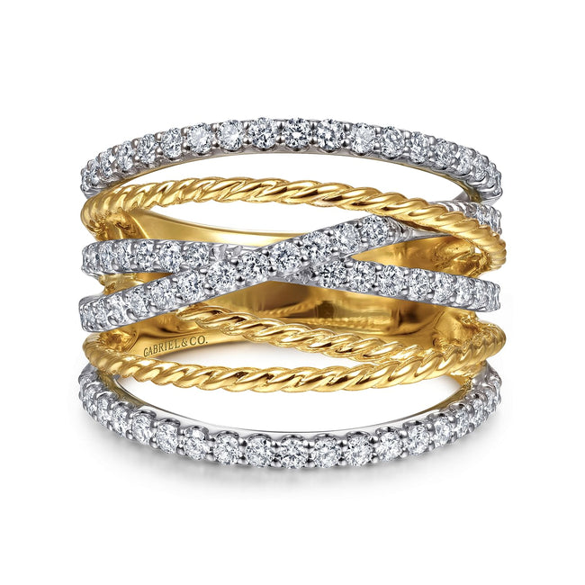 14K White-Yellow Gold Twisted Rope and Diamond Multi Row Ring – Stiles ...