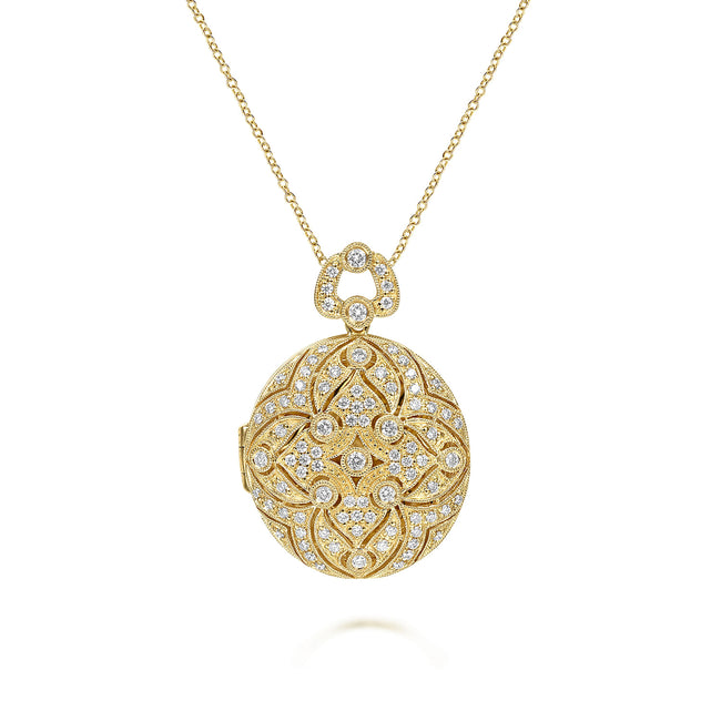 24 inch Vintage Inspired 14K Yellow Gold Round Filigree Diamond Locket ...