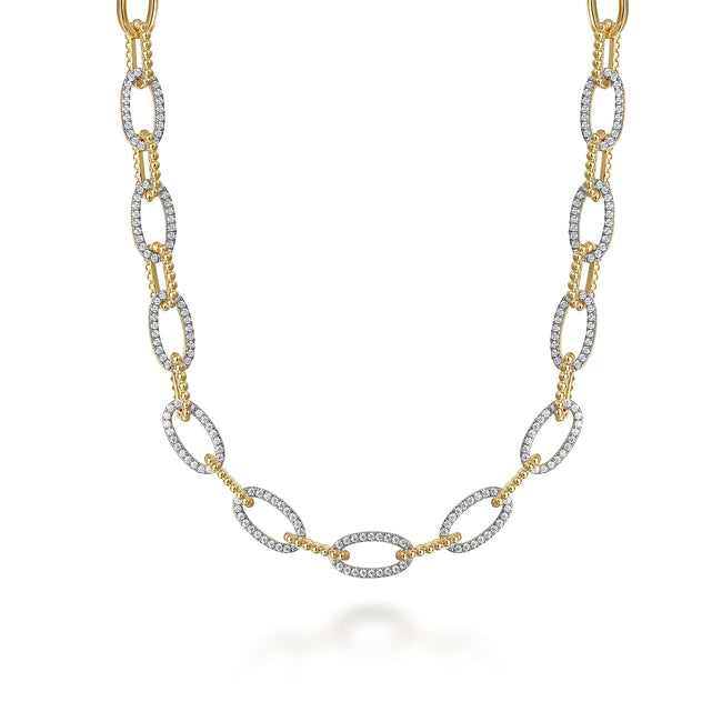 14K Yellow Gold Oval Link Chain Necklace with Pave Diamond Link Statio ...